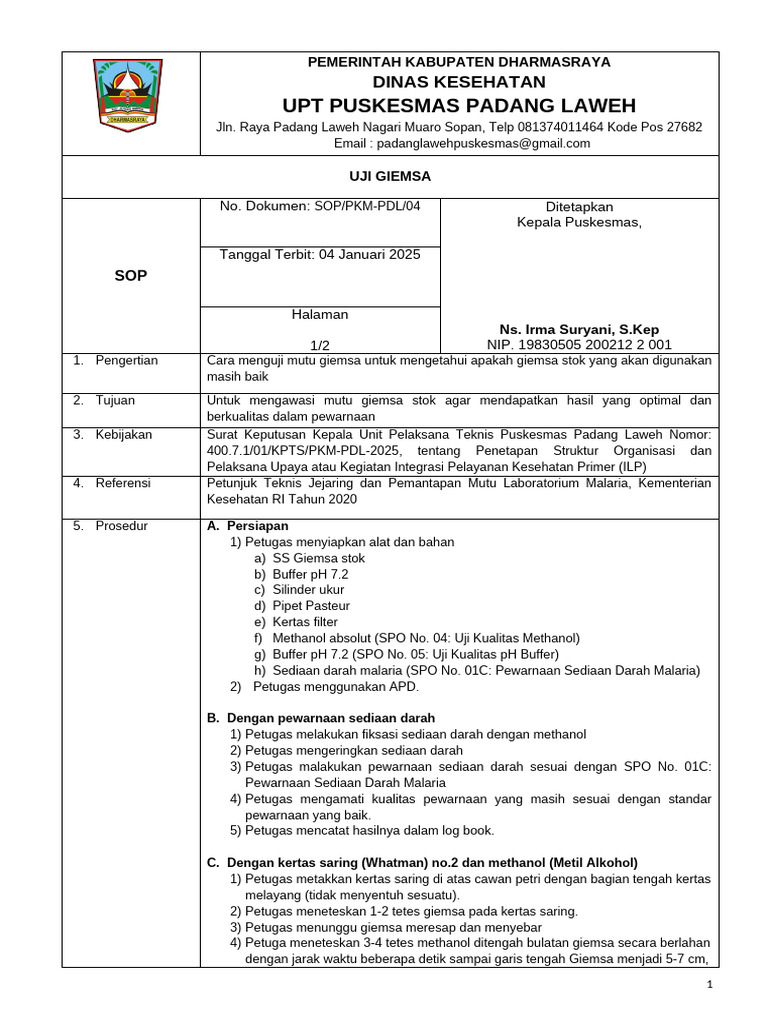 SOP Uji Giemsa PKM-PADANG LAWEH | PDF