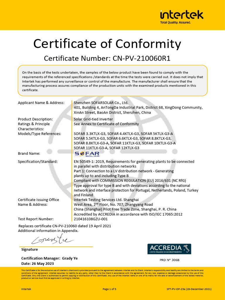SOFAR 3.3-12KTLX-G3 - Certificate - EN 50549-1 - en-EU-1 | PDF | Mains ...