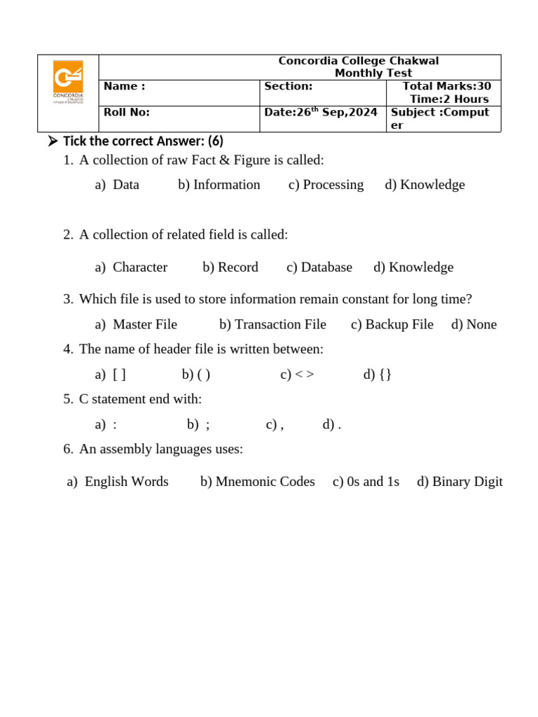 2nd Year Computer Papaer | PDF