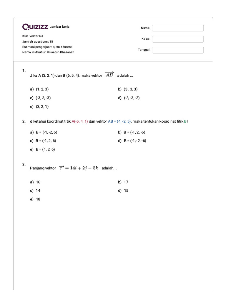 Kuis Vektor R3: 15 Soal Latihan | PDF