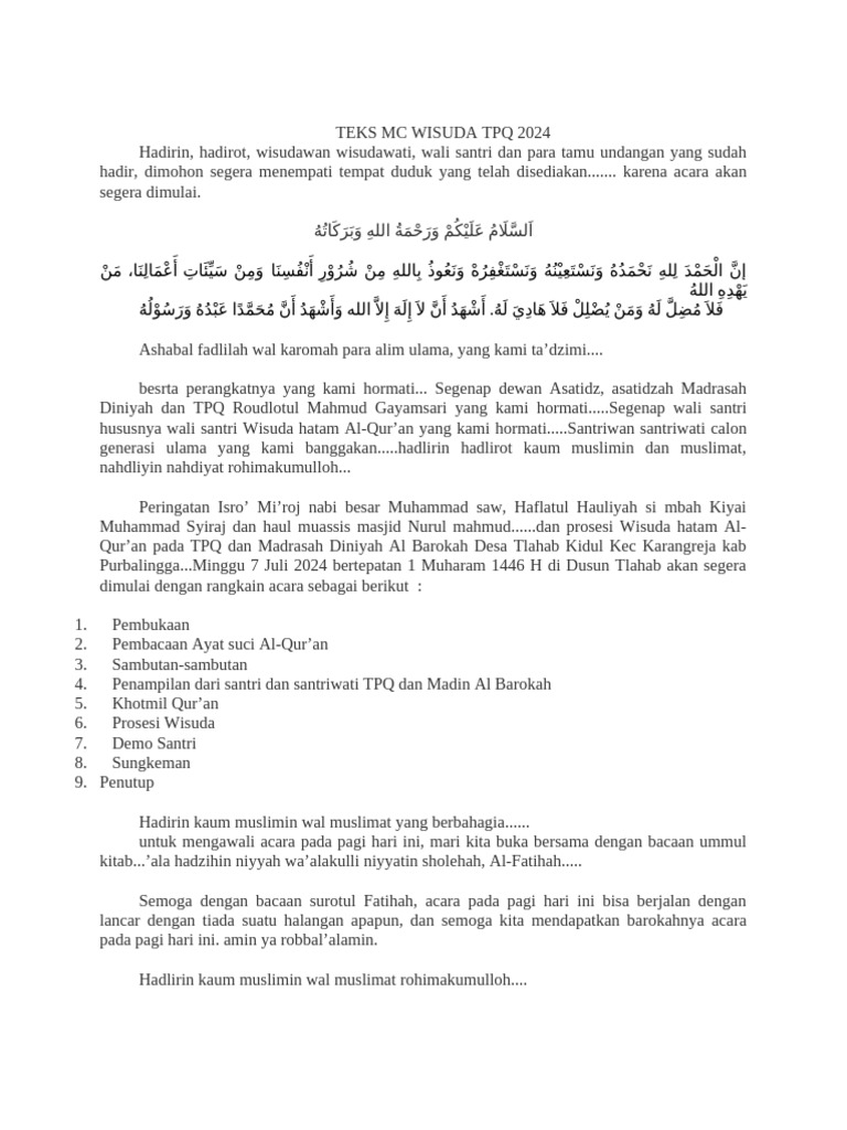 Teks MC Wisuda TPQ 2024 | PDF