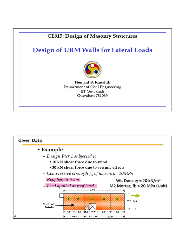 CE615 L08 Assignment Design of URM Walls For Lateral Loads | PDF | Civil Engineering | Building ...