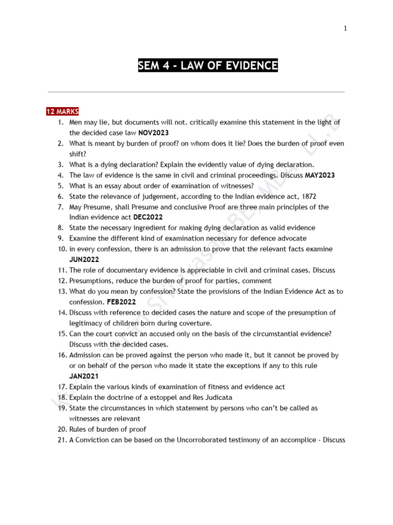 SEM 4 - LAW OF EVIDENCE-1 | PDF | Burden Of Proof (Law) | Evidence (Law)