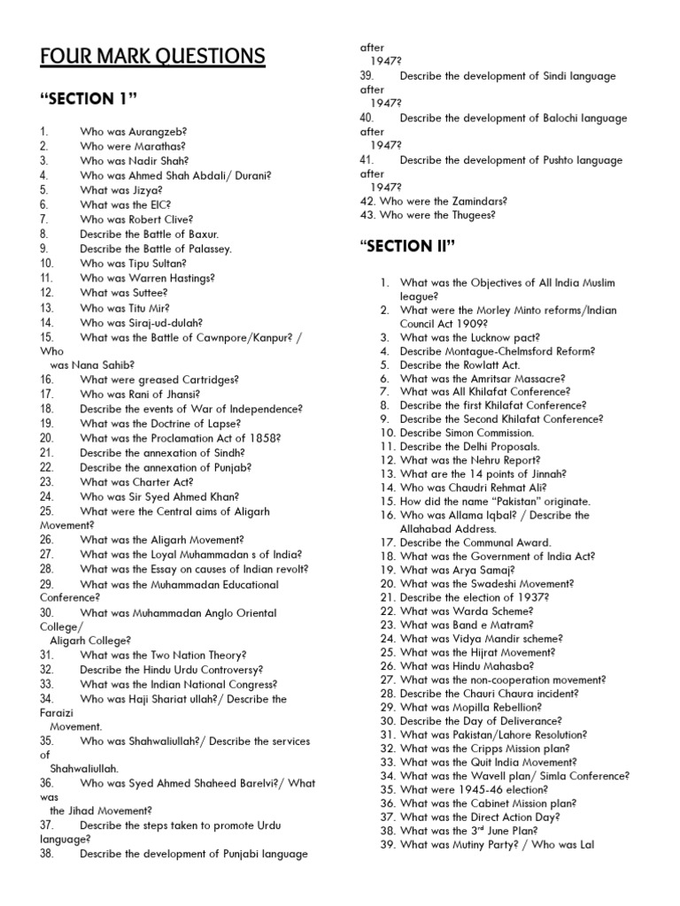 Four Mark Questions Updated | PDF | Pakistan | Zulfikar Ali Bhutto