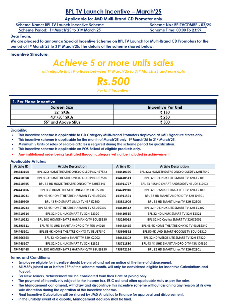 BPL TV Launch Incentive - JMD Multi-Brand CD Promoter - March'25 | PDF ...