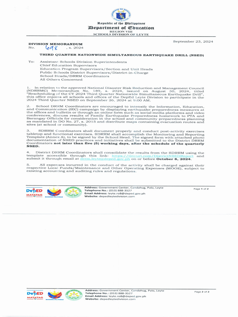 DM No. 698, S. 2024 Third Quarter Nationwide Simultaneous Earthquake ...