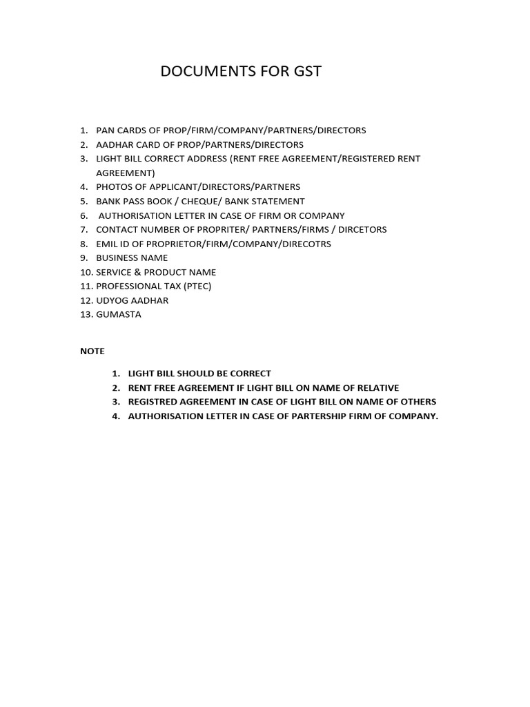 Essential Documents for GST Registration | PDF