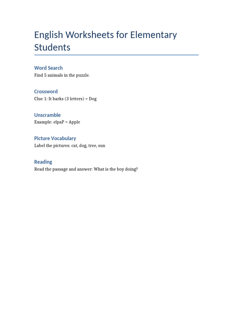 English Worksheets For Elementary Students | PDF