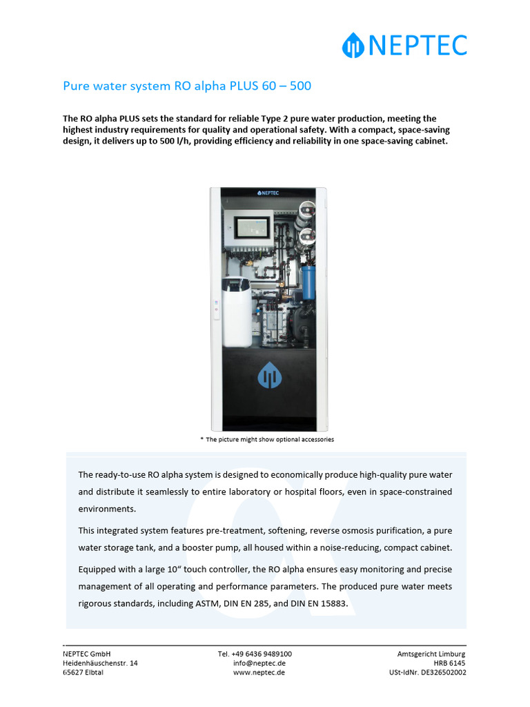 Pure Water System RO alpha PLUS 60-500 | PDF | Purified Water | Water