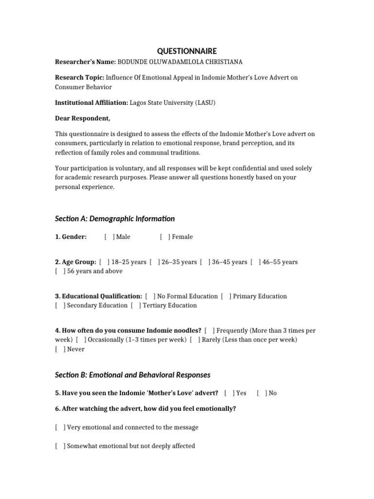 Indomie Project Questionnaire | PDF | Advertising | Social Psychology