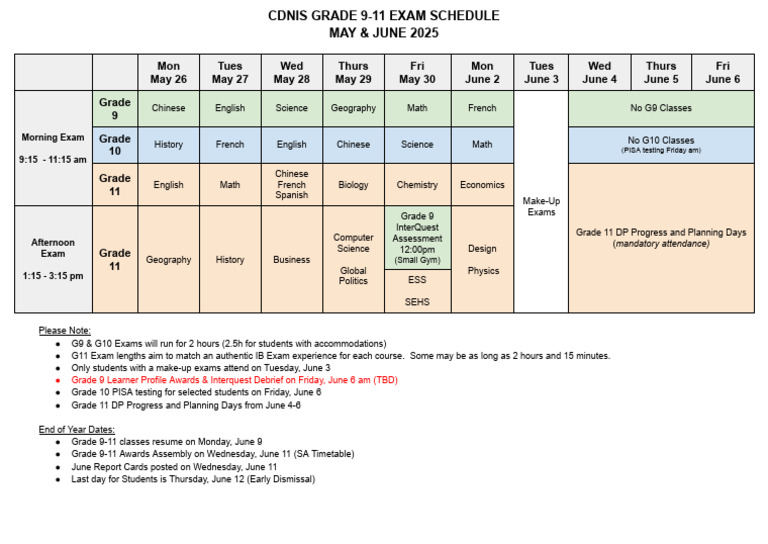 Grade 9-11 Exam Schedule May-June 2025 | PDF | Student Assessment And ...