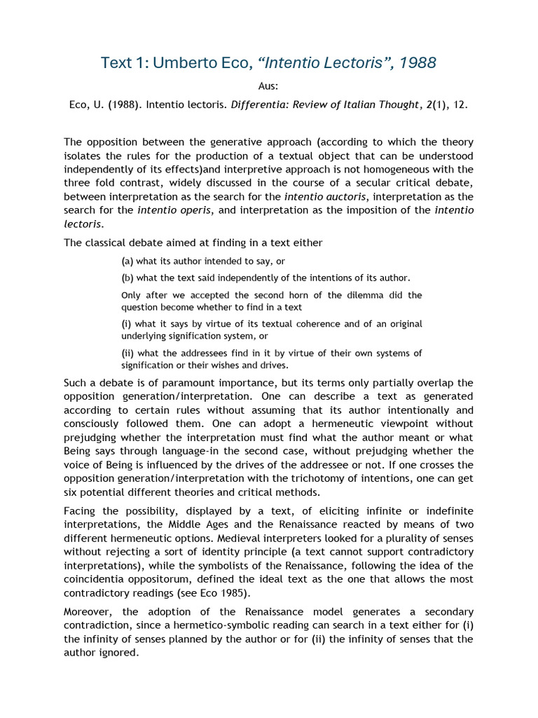Eco on Interpretation vs. Overinterpretation | PDF | Intention | Infinity