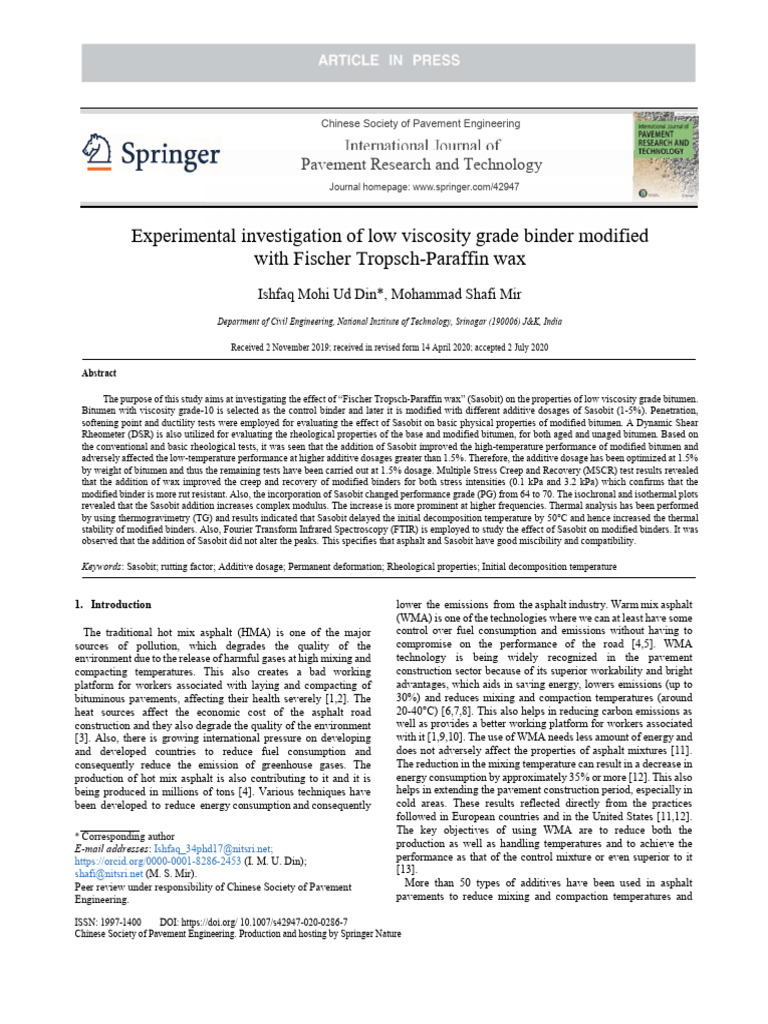 Experimental Investigation of Low Viscosity Grade Binder Modified | PDF ...
