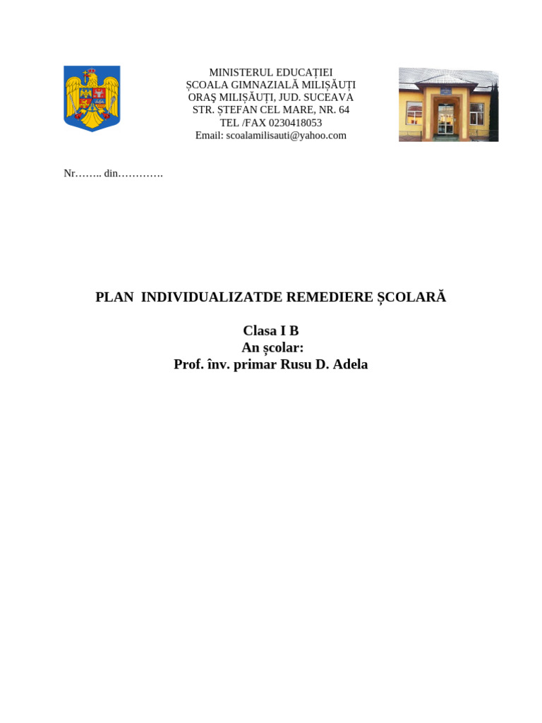 Plan de Remediere Scolara Clasa I | PDF