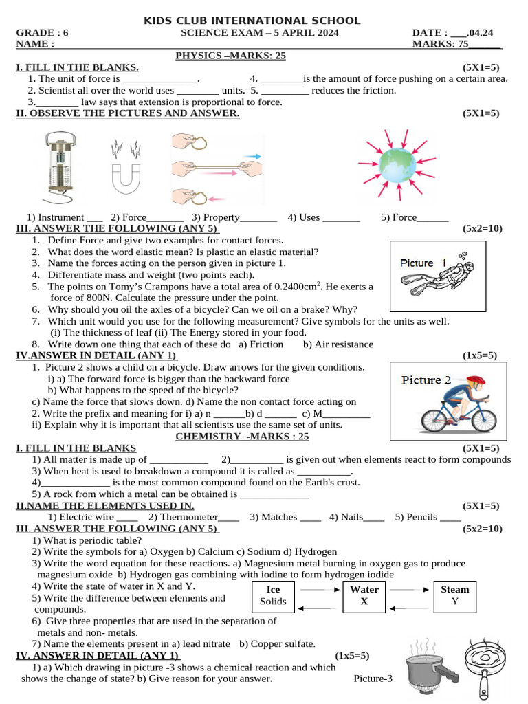 Grade 6 Science Exam Questions | PDF | Force | Magnesium