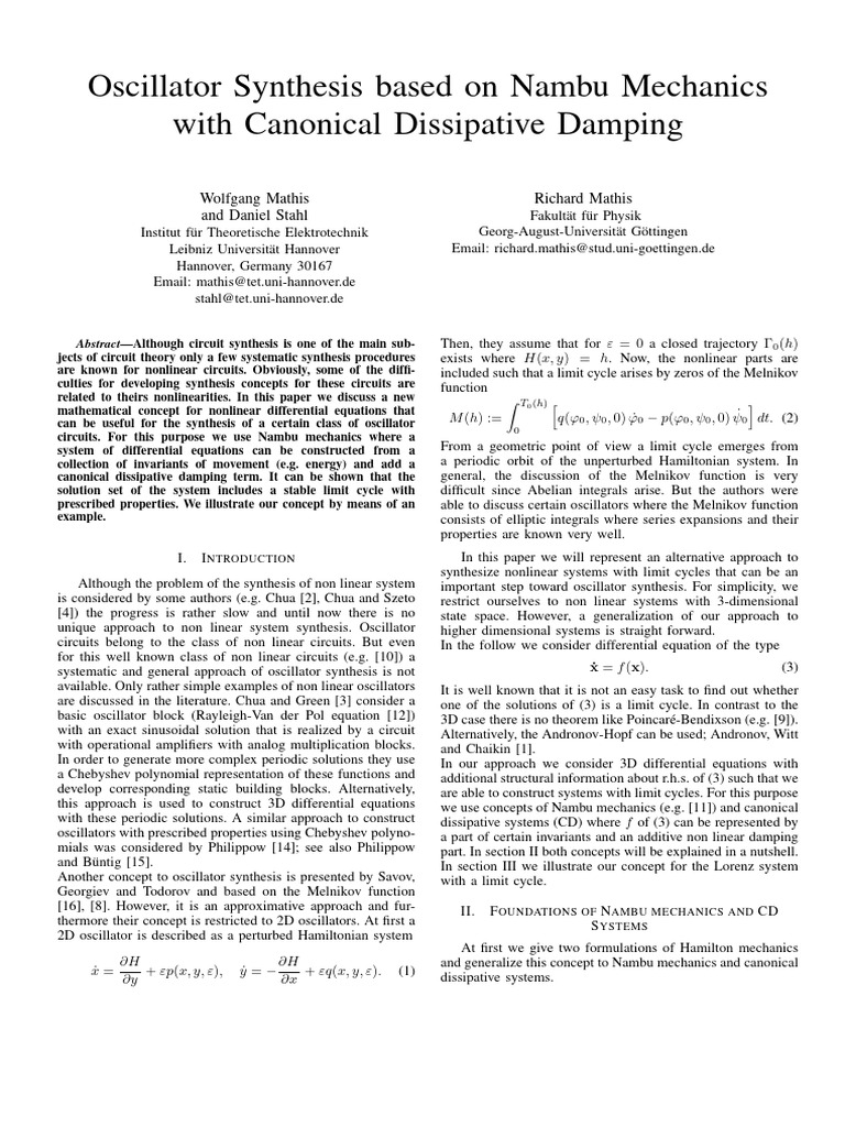 Oscillator Synthesis Based On Nambu Mechanics With Canonical Dissipative Damping | PDF ...