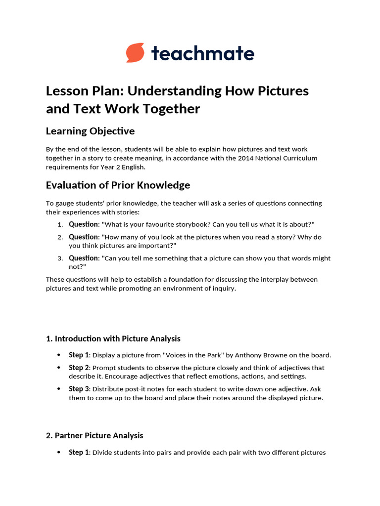 Lesson Plan Understanding How Pictures and Text Work Together | PDF ...
