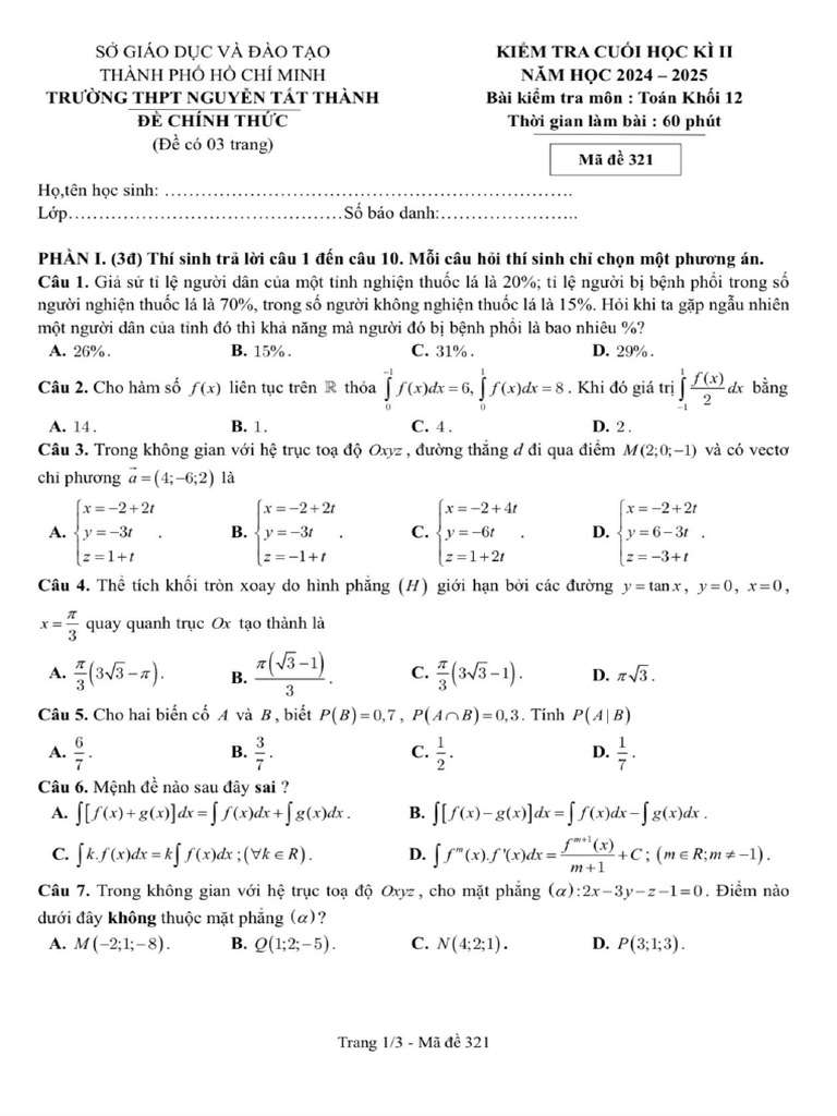 De Cuoi Hoc Ki 2 Toan 12 Nam 2024 2025 Truong THPT Nguyen Tat Thanh TP HCM | PDF
