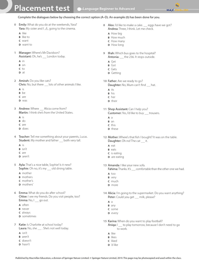 Language Placement Test With Key | PDF