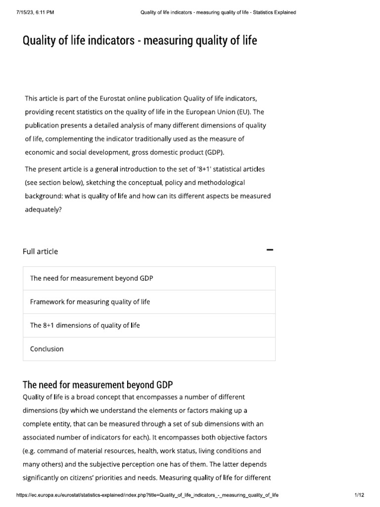 EUROSTAT, Measuring Quality of Life | PDF