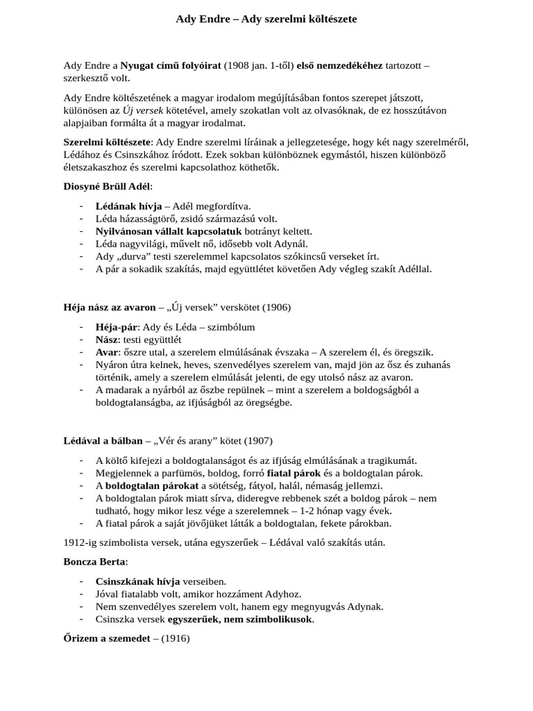 1. Ady Endre – Ady szerelmi költészete | PDF