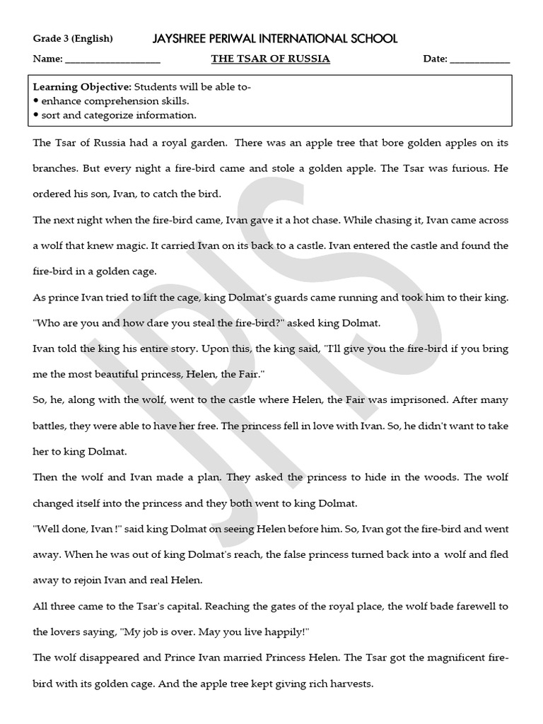 The Tsar of Russia: A Story for Grade 3 | PDF | European Folklore ...