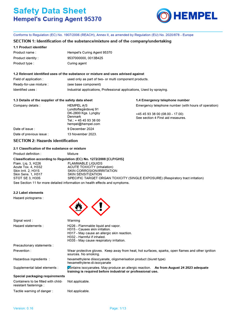 Hempel Curing Agent 95370 SDS | PDF
