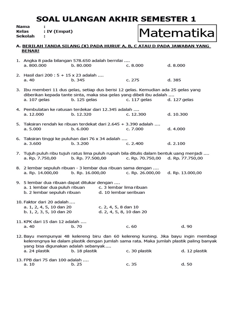 Soal UAS Matematika Kelas 4 SD Semester 1 Ganjil Dan Kunci Jawaban WWW Bimbelbrilian Com | PDF
