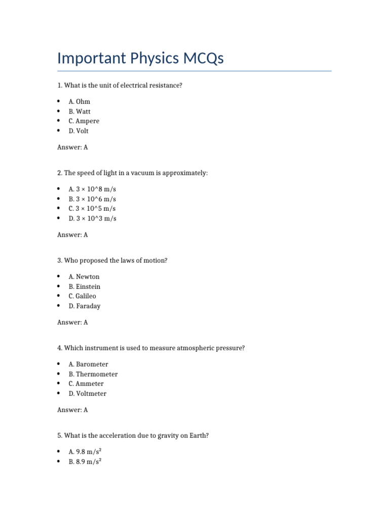 Important Physics MCQ | PDF