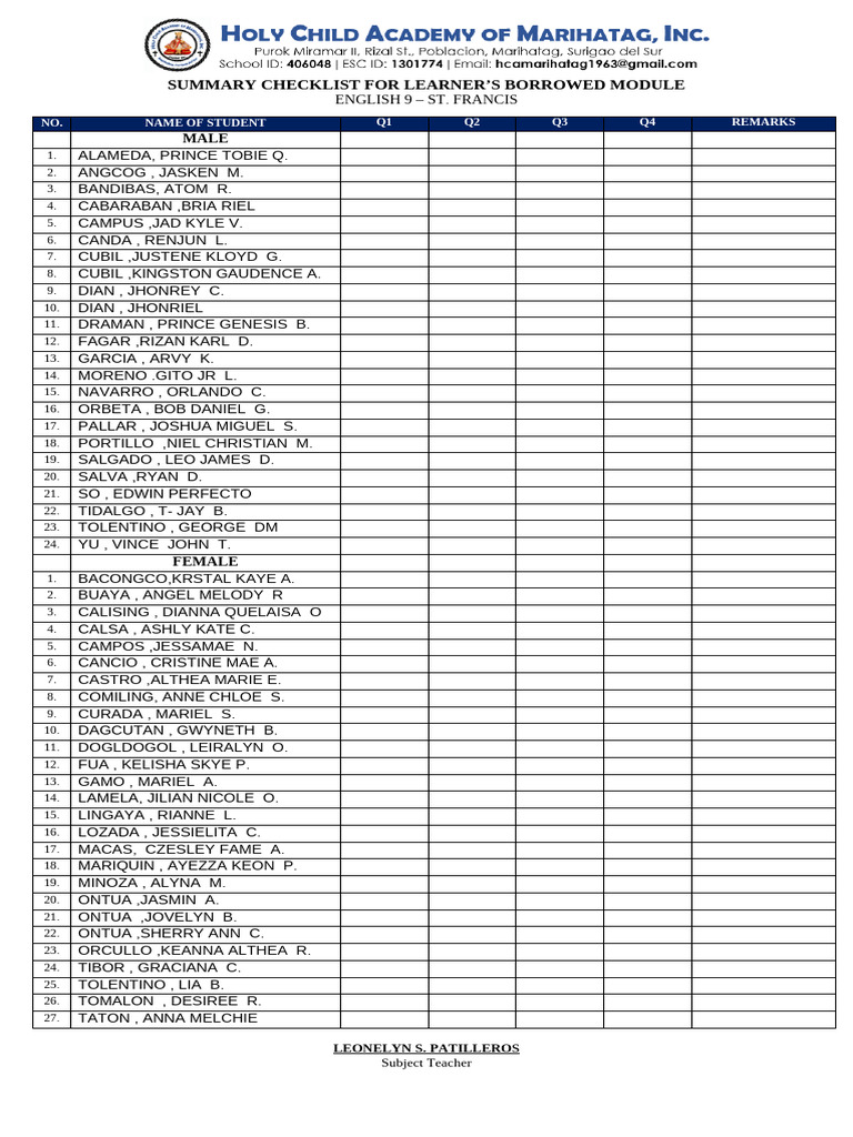 CHECKLIST-MODULE - Grade 9 - ST. Francis | PDF