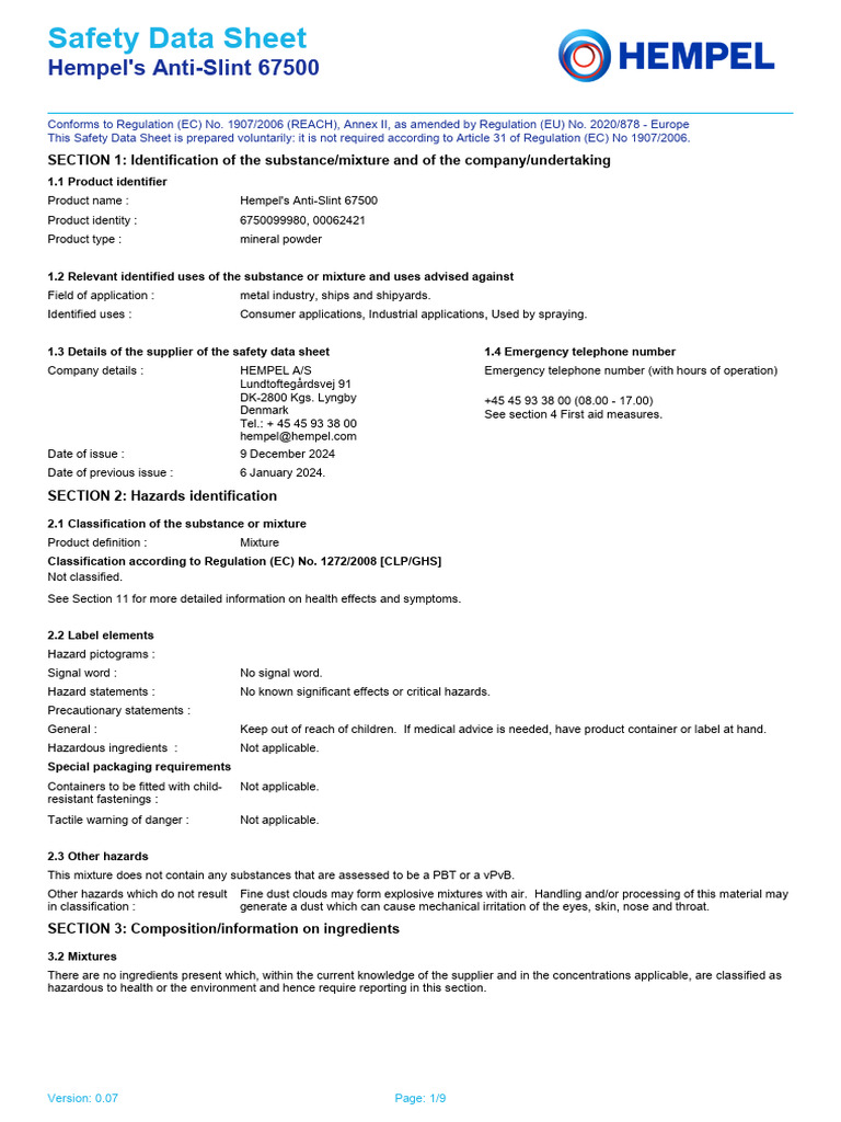 Hempel Anti-Slint 67500 SDS | PDF | Personal Protective Equipment | Working Conditions