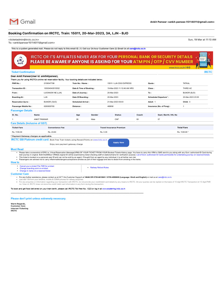 Booking Confirmation On IRCTC, Train: 15011, 20-Mar-2023, 3A, LJN - BJO ...