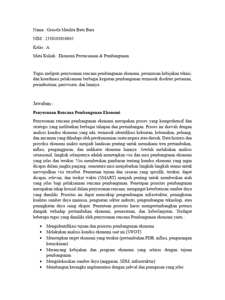 Grasela Maulita Batu Bara 2330103010045 Ekonomi Perencanaan | PDF