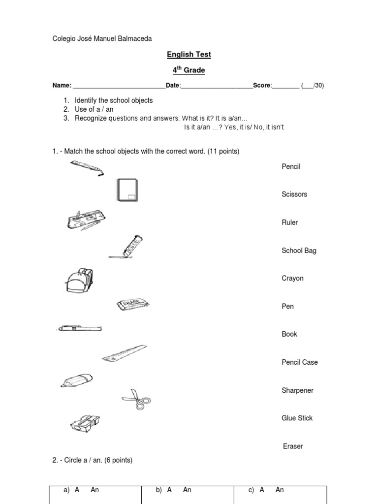 English Test 4 Grade: Name: - Date: - Score: - ( - /30) | PDF ...