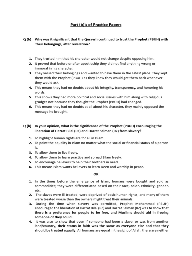 Part (B) 'S Practice Papers | PDF | Muhammad | Quran