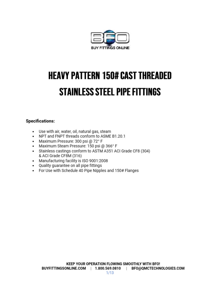 150 Cast Stainlesss Steel Pipe Fittings Dimensions Datasheet | PDF ...