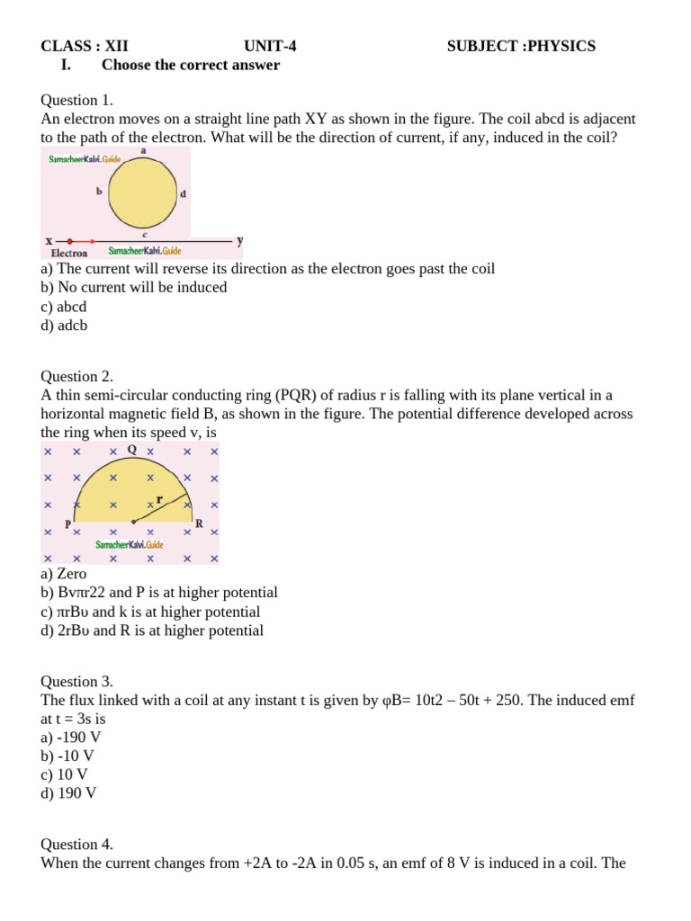 CLASS 12 PHYSICS UNIT 4 BBE One Marks | PDF | Inductor | Electrical Network