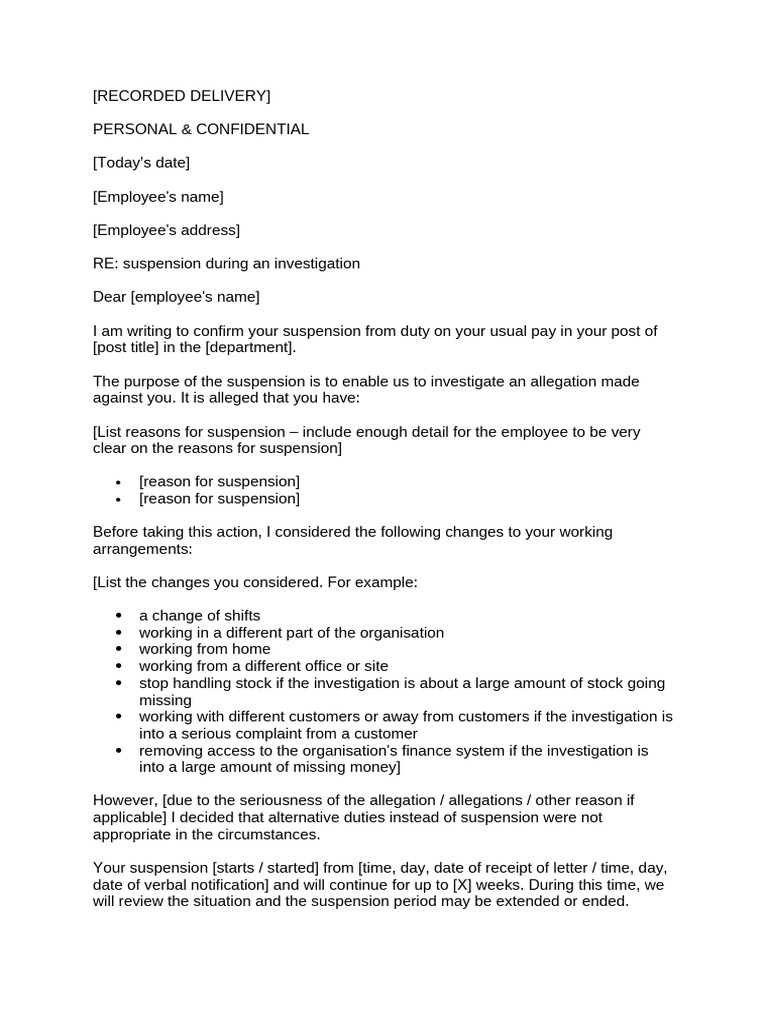 Suspension During An Investigation at Work Letter Template 0 | PDF