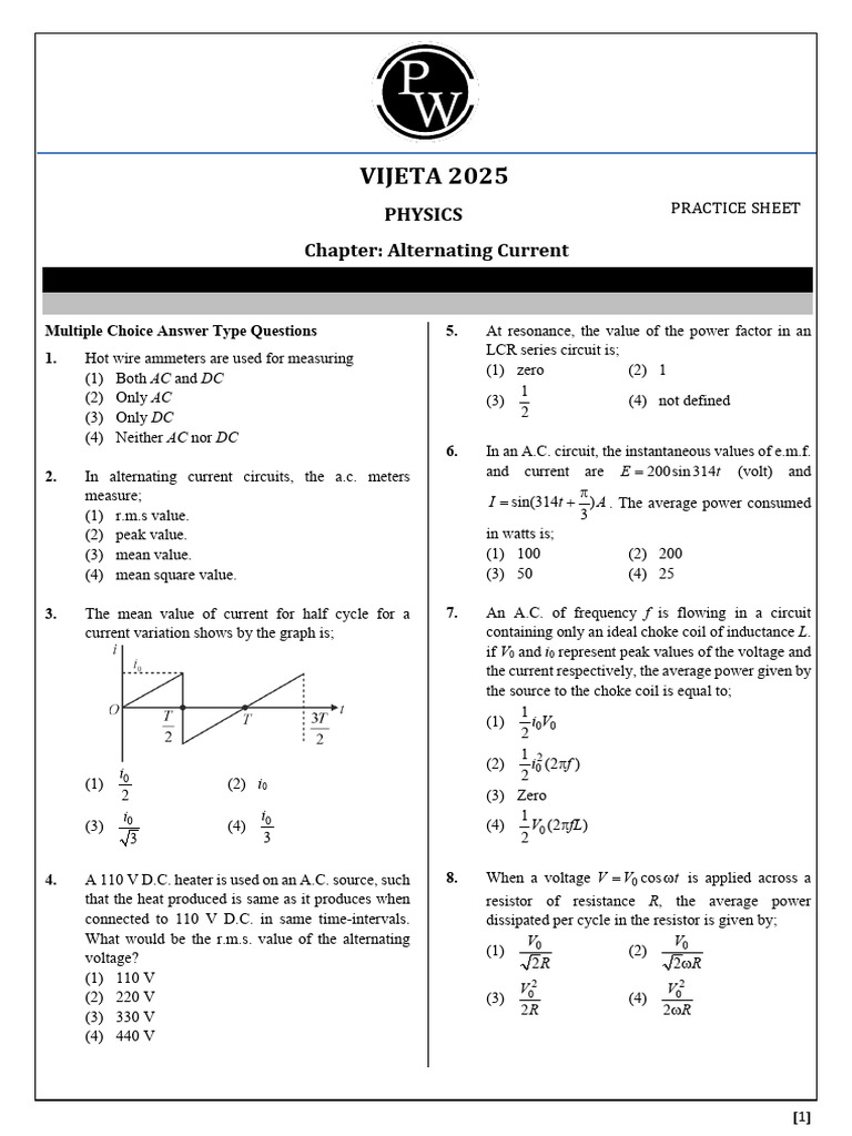 Alternating Current: Practice Sheet - Vijeta 2025 | PDF | Inductor | Capacitor