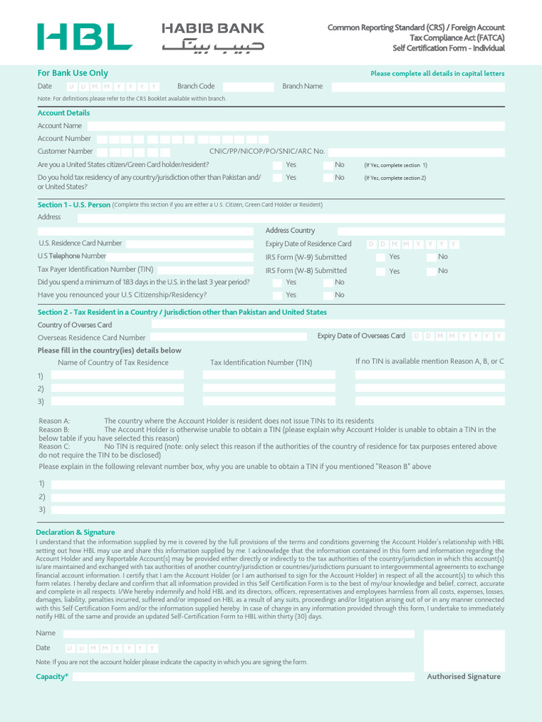 CRS - FATCA Self Certification Form - Individual - Edited | PDF | Government | Taxes