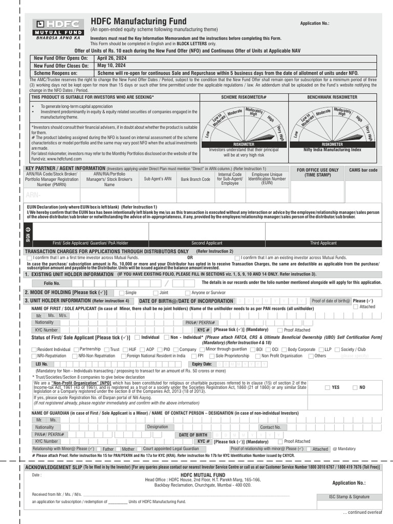 KIM & App Form - HDFC Manufacturing Fund Dated March 28 2024 | PDF ...