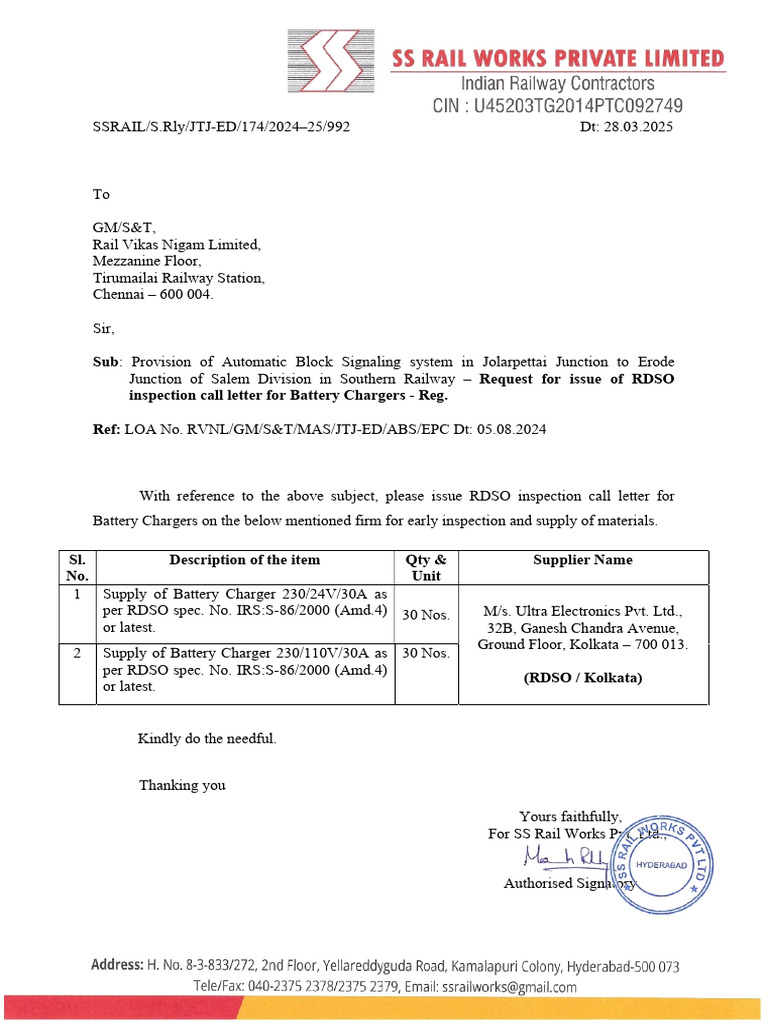 Request For RDSO Call Letter For Battery Chargers For JTJ-ED Work | PDF