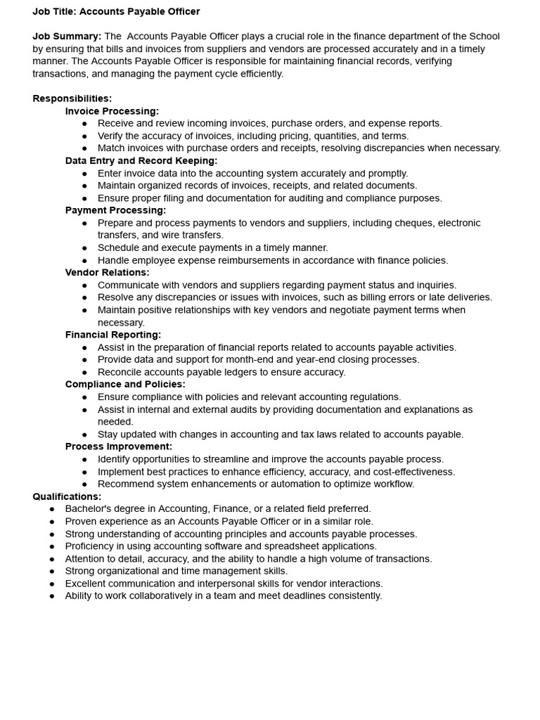 Accounts Payable Officer Responsibilities | PDF | Accounts Payable ...