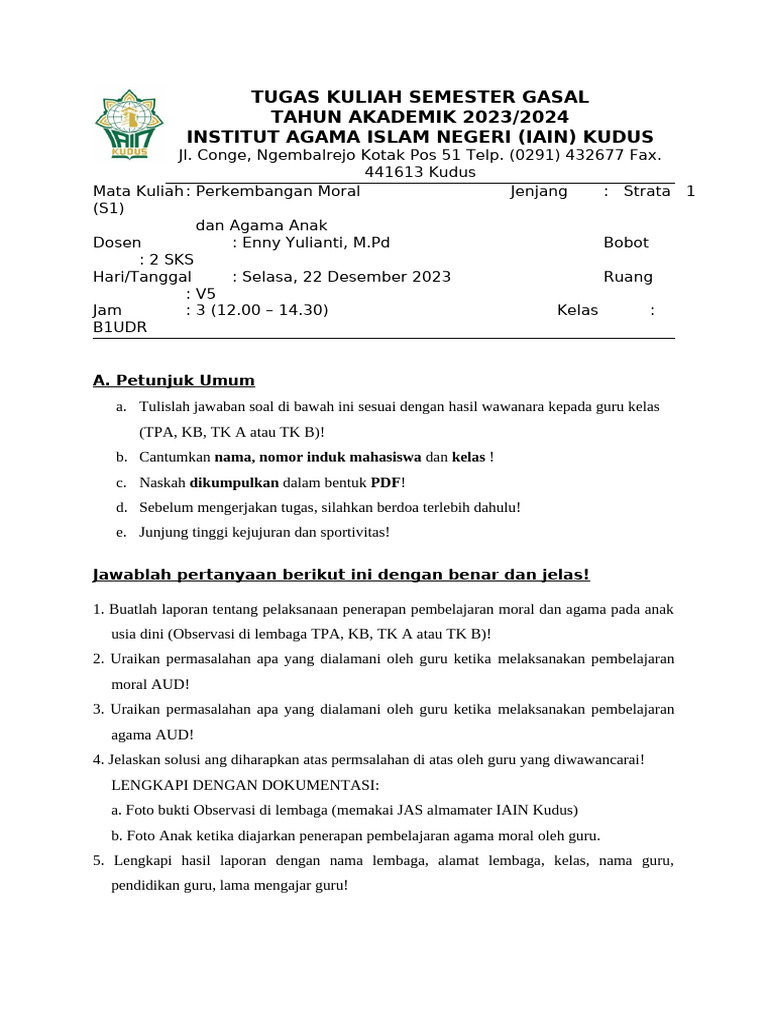 SOAL TUGAS - Perkembangan Moral Dan Agama Anak - Enny Yulianti | PDF