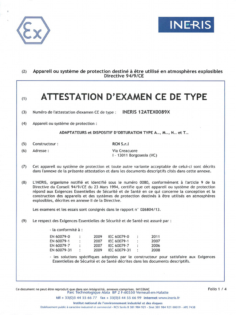 Certification ATEX INERIS12ATEX0089X - 01 | PDF
