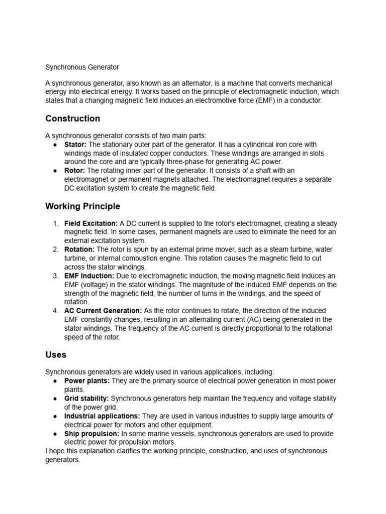Synchronous Generator: Construction & Principle | PDF | Electric ...