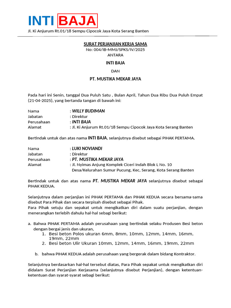 Surat Perjanjian Kerja Sama Mmj | PDF