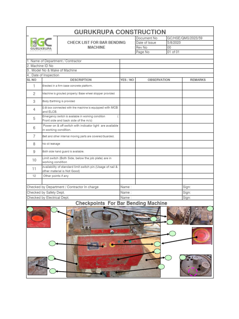 Bar Bending Machine Inspection Checklist | PDF