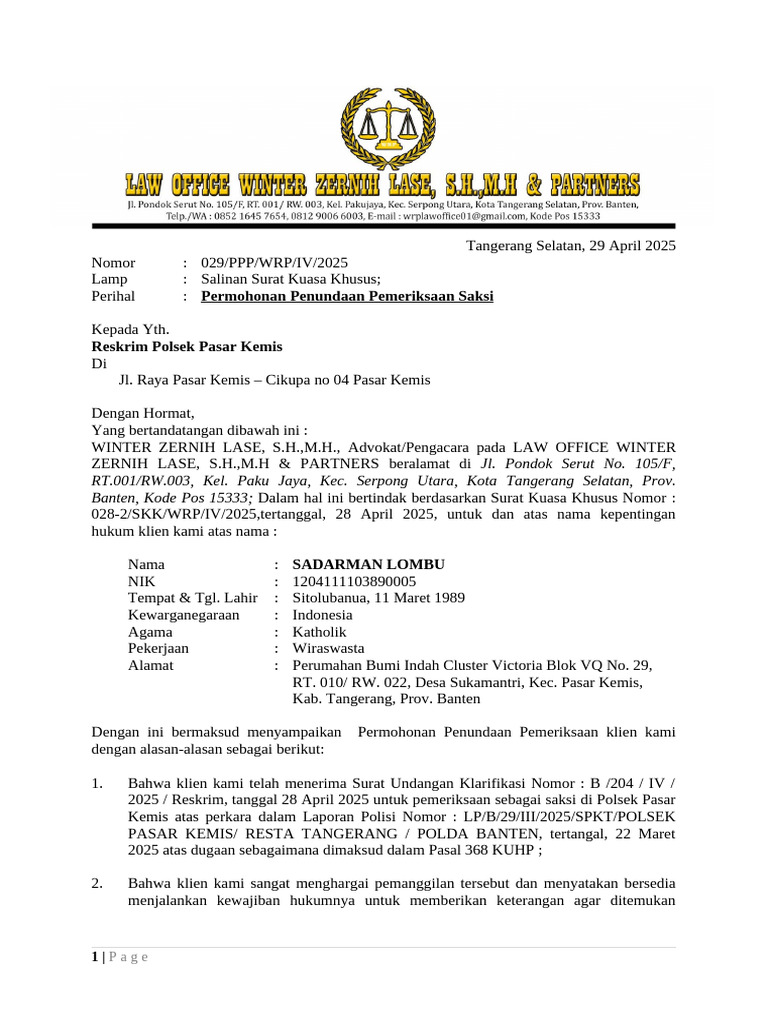 Permohonan Penundaan Pemeriksaan Saksi Sadarman Lombu | PDF