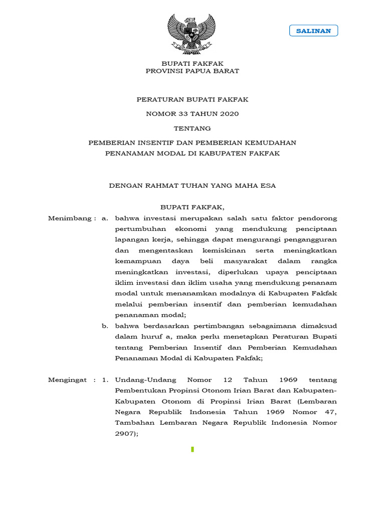 33-PERBUP No 33 THN 2020 TTG PEMBERIAN INSENTIF DAN PEM KEMUDAHAN PENANAMAN MODAL PTSP THN 2020 ...